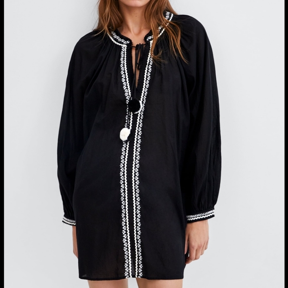Zara | Tops | Zara Black Tunic With White Embroidered Trim | Poshmark